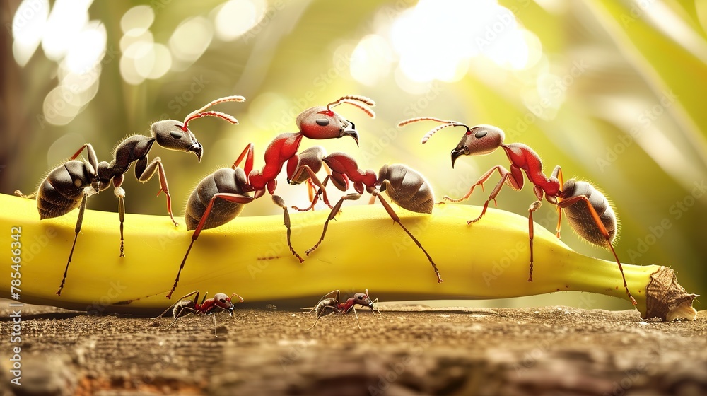 4 ants help each other lift bananas easily On a transparent background ...