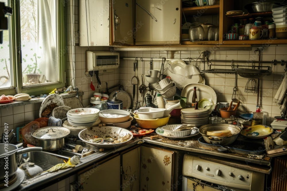 Disorganized Messy Kitchen with Cluttered Household Items and Dirty ...