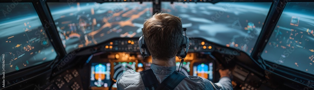 Aerospace engineer using flight simulators for pilot training, cockpit ...
