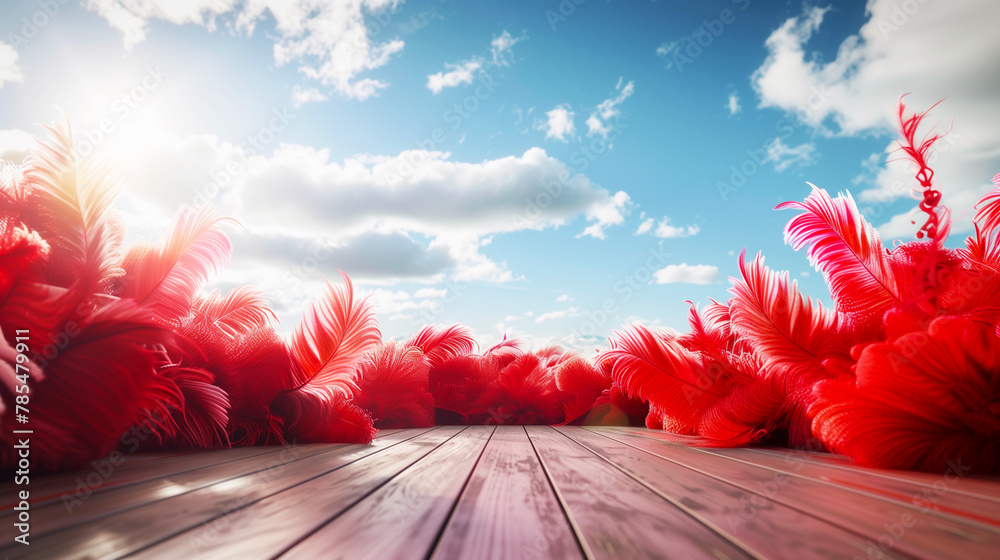 Empty luxury festive red stage with red feathers decor by sides and ...
