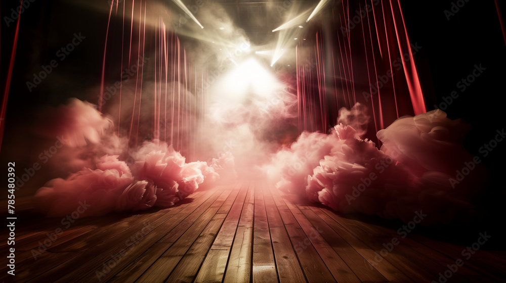 ภาพประกอบสต็อก Dramatic theater stage with pink curtains and Intense ...