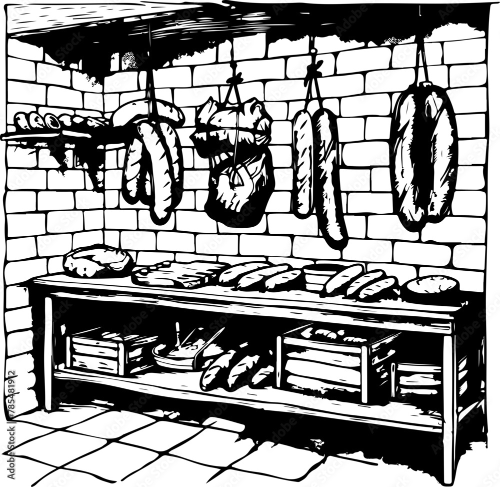 an array of meats and sausages hanging in a traditional butcher shop ...