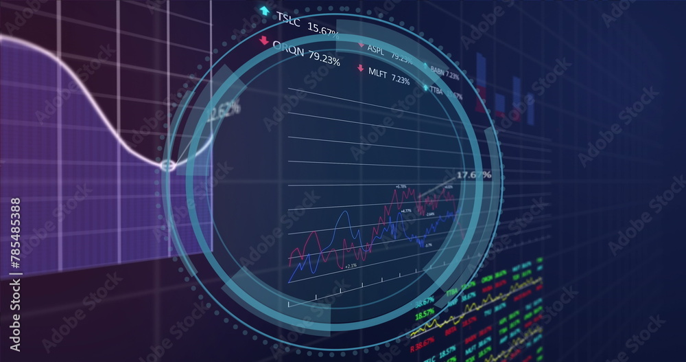 Image of loading circles, shield over graphs and trading boards against black background Stock ...