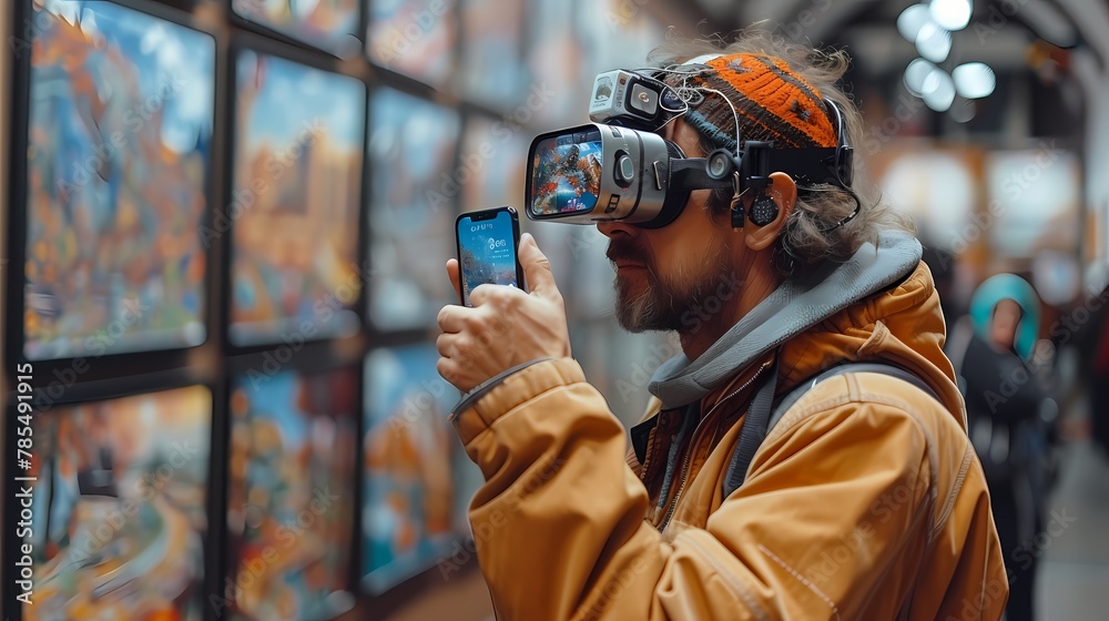 An artist experimenting with augmented reality, using a smartphone and ...