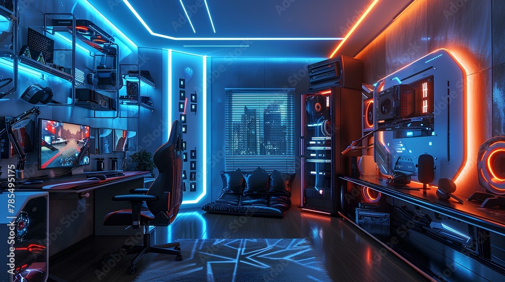 futuristic gaming room with neon lightning interior design Stock Photo ...