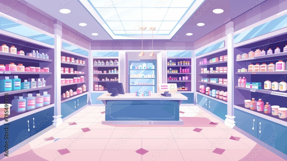 Vaccines, vitamins, and medications in a showcase of an empty ...