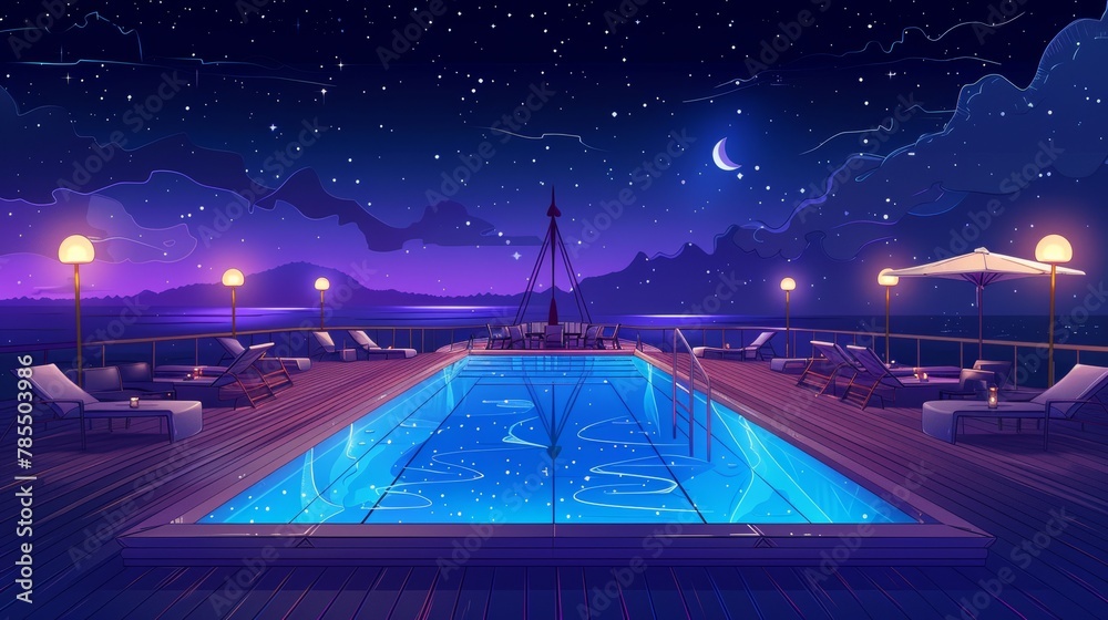 Cruise liner swimming pool at night, empty ship deck with sun loungers ...