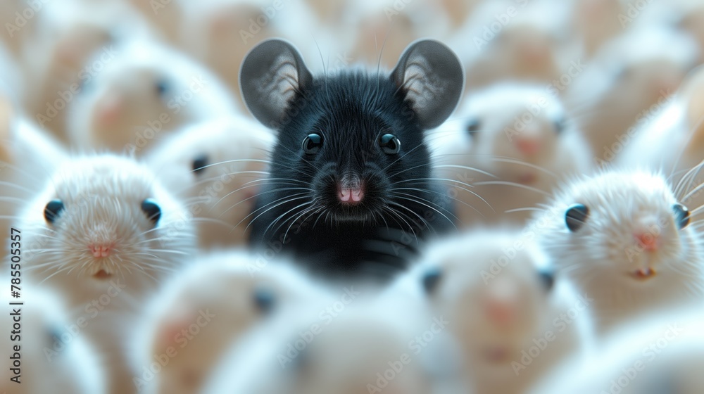 Black mouse alone among a crowd of white mouse, concept of standing out ...