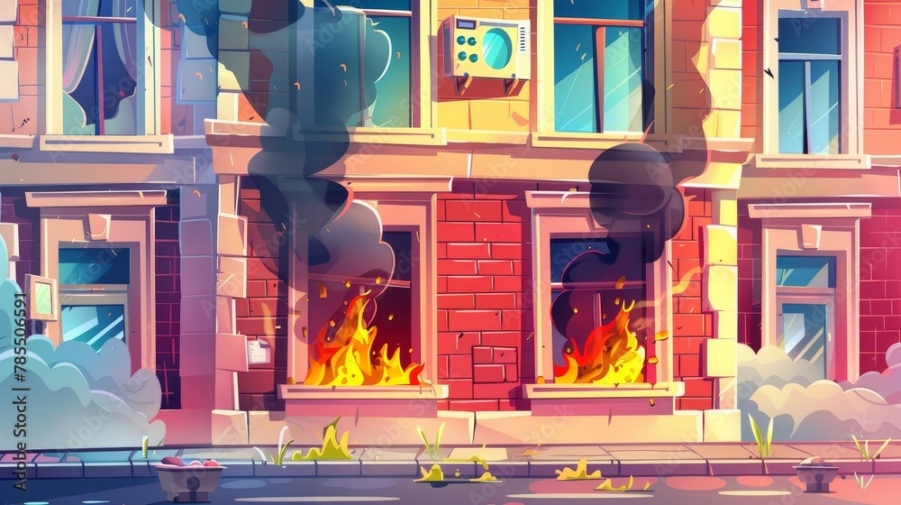 Cartoon modern illustration of a house fire, with a burning flame in a ...