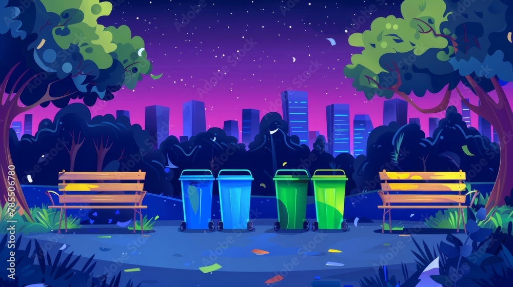 Animated night landscape of city park with trash containers for sorting ...