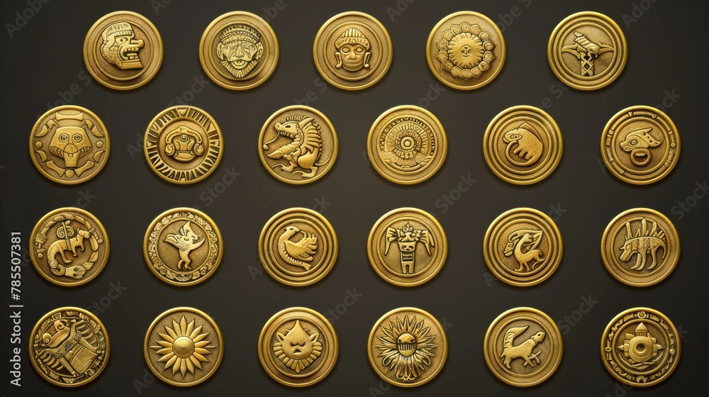 Gold coins with Mayan and Aztec tribal animals and idols. Mexican ...