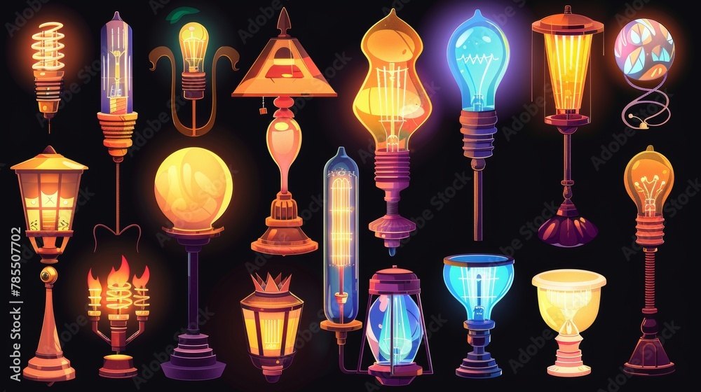 The lights, ceiling and floor glowing electric bulbs, incandescent ...