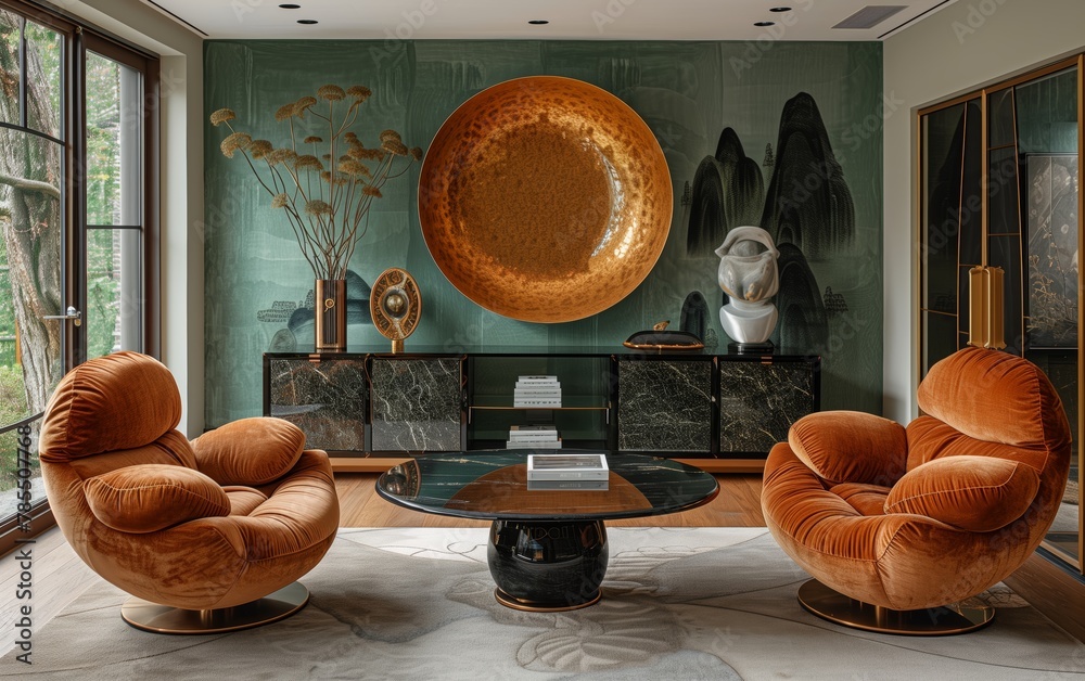 Designer chairs at round black glass table, and with comfy sofa. Mid ...