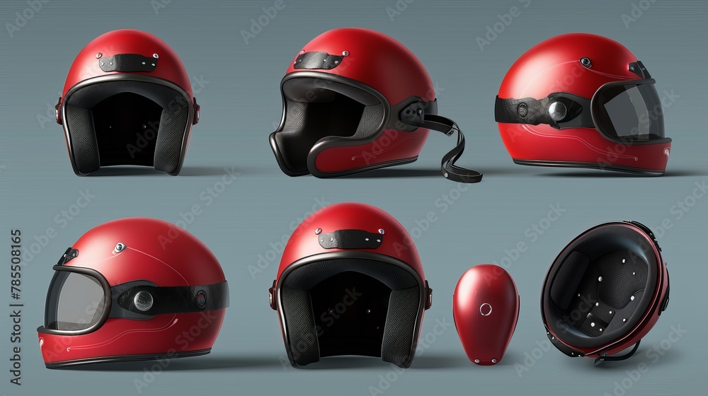 This realistic 3d modern set shows a red motorcycle helmet with glasses ...