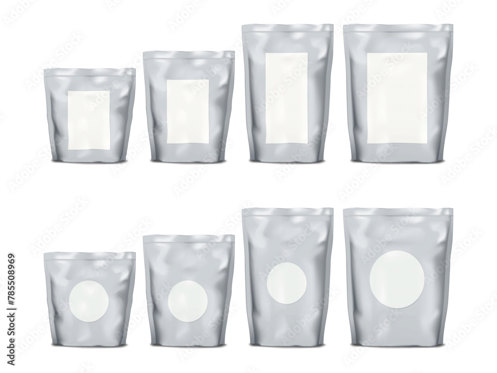 Blank retort stand-up pouch with white label sticker. Realistic vector ...