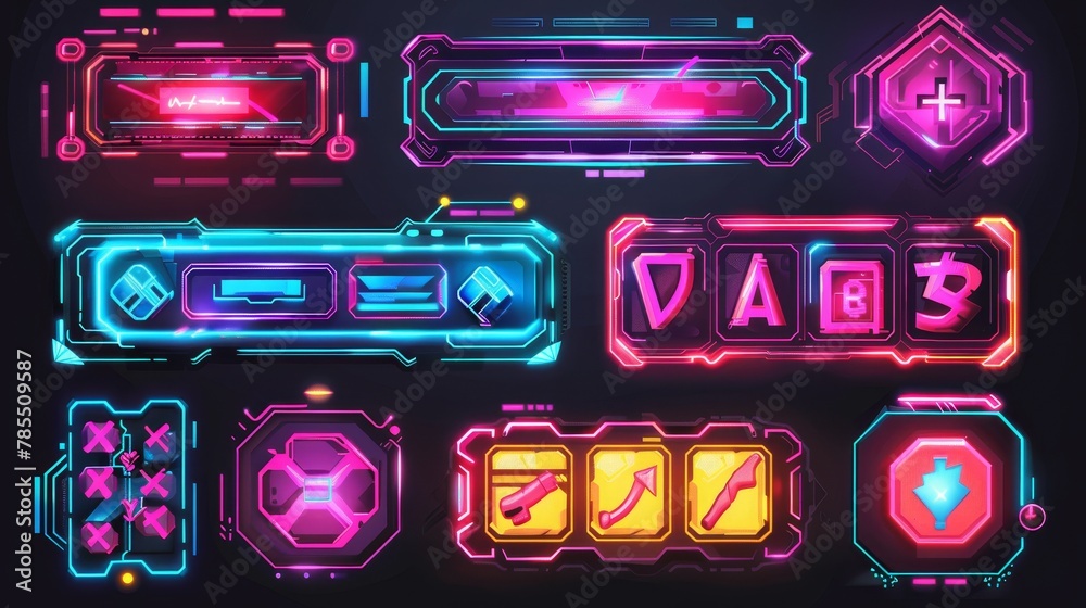Design elements for a sci-fi game user interface, including health bars ...