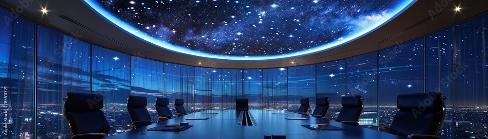Office conference room with a star map ceiling, brainstorming session ...