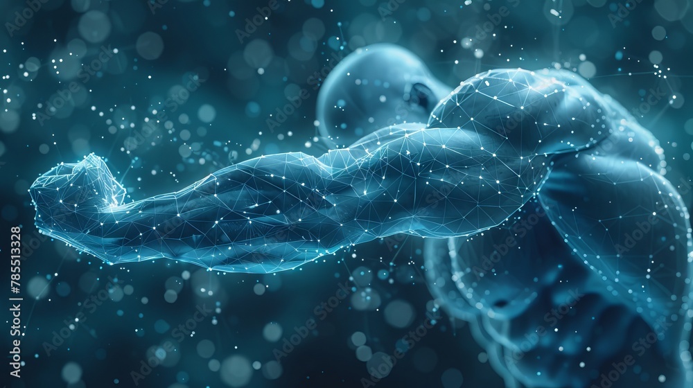 3D male hand muscles with flexed biceps and connected dots. Low poly ...