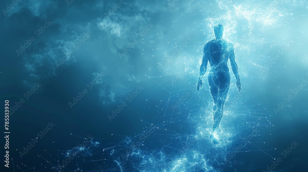 An abstract isolated human body is displayed on a blue background. It's ...