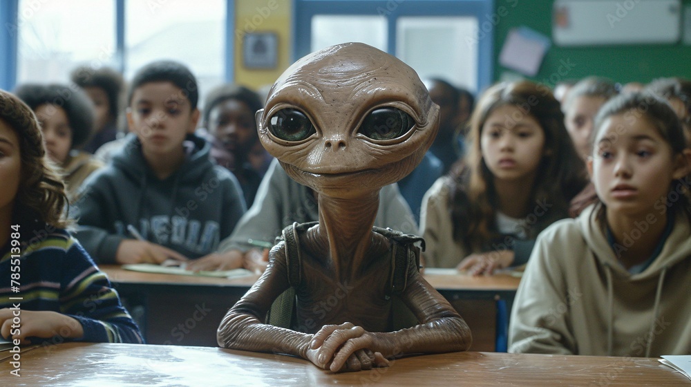 Cinematic snapshot of a friendly extraterrestrial sitting at a desk in ...