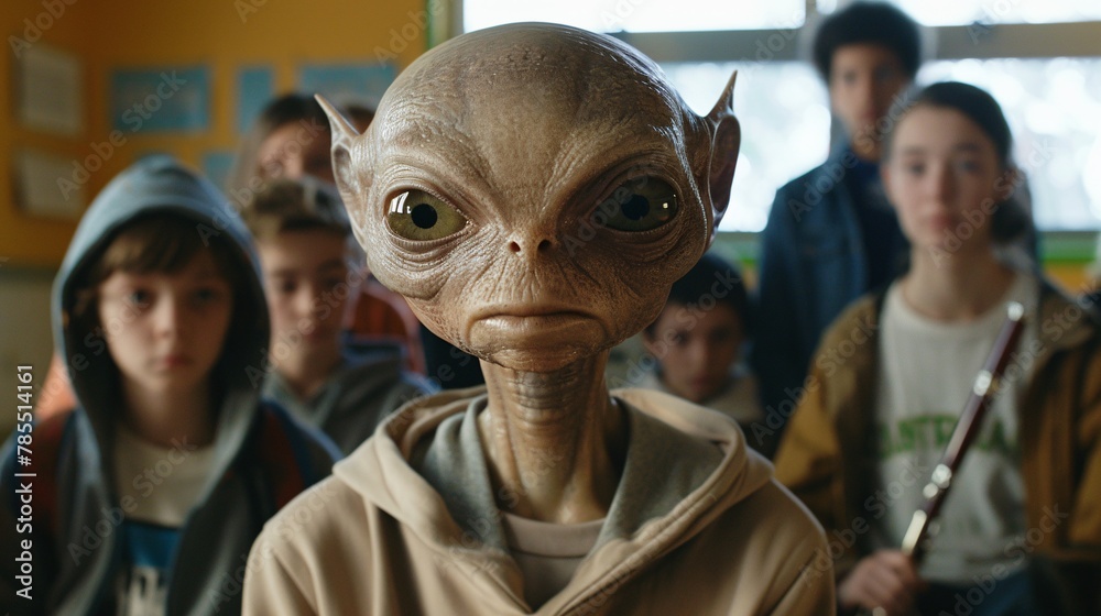 Cinematic photo of a friendly extraterrestrial attending a music class ...