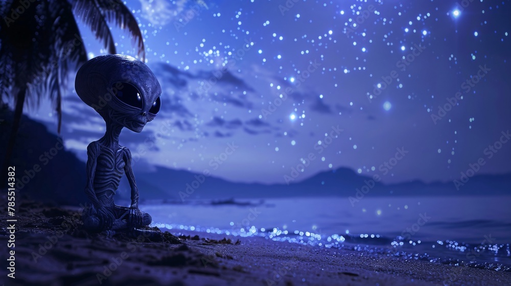 Cinematic moment of an amiable alien stargazing on a moonlit beach ...