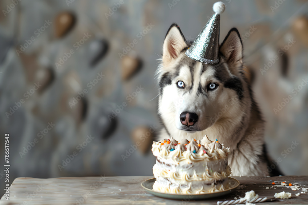 Creative food animal template. A grey white husky dog with birthday hat ...