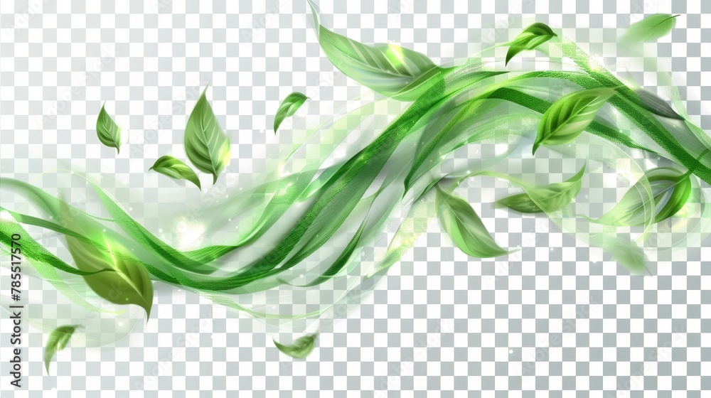 Wind swirls with green leaves and sparkles isolated on transparent ...