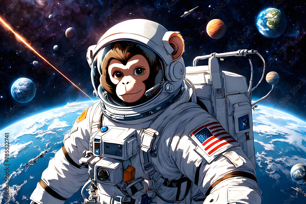 Monkey astronaut in a spacesuit with a helmet in outer space against the background of the ...