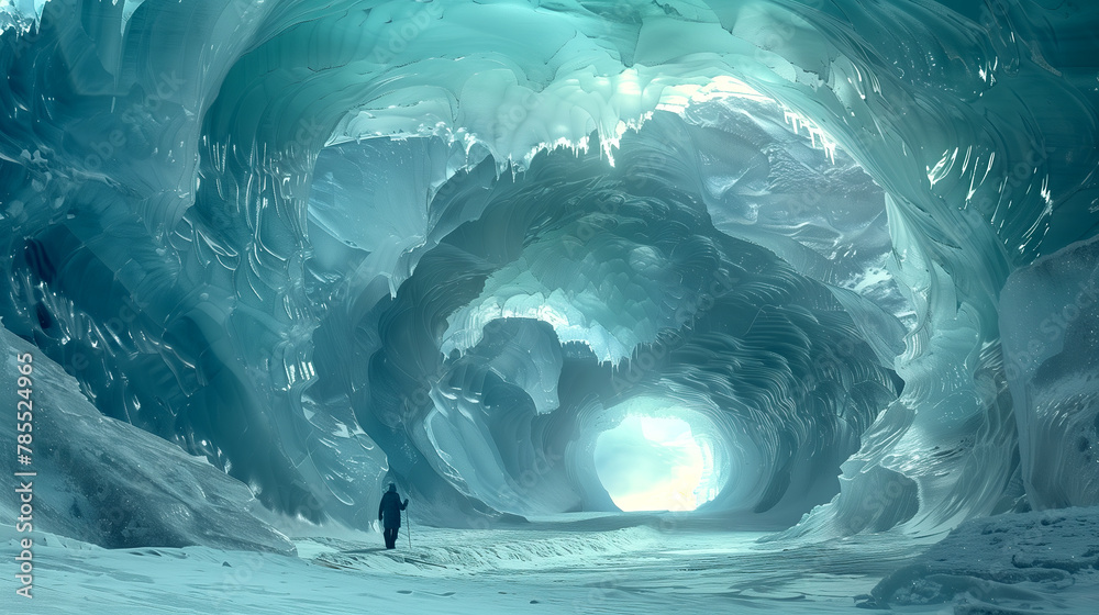 Silhouette of tiny human in a giant ice cave that showcases the beauty ...