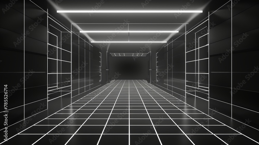 An abstract, 3D perspective of a black wireframe room background. This ...