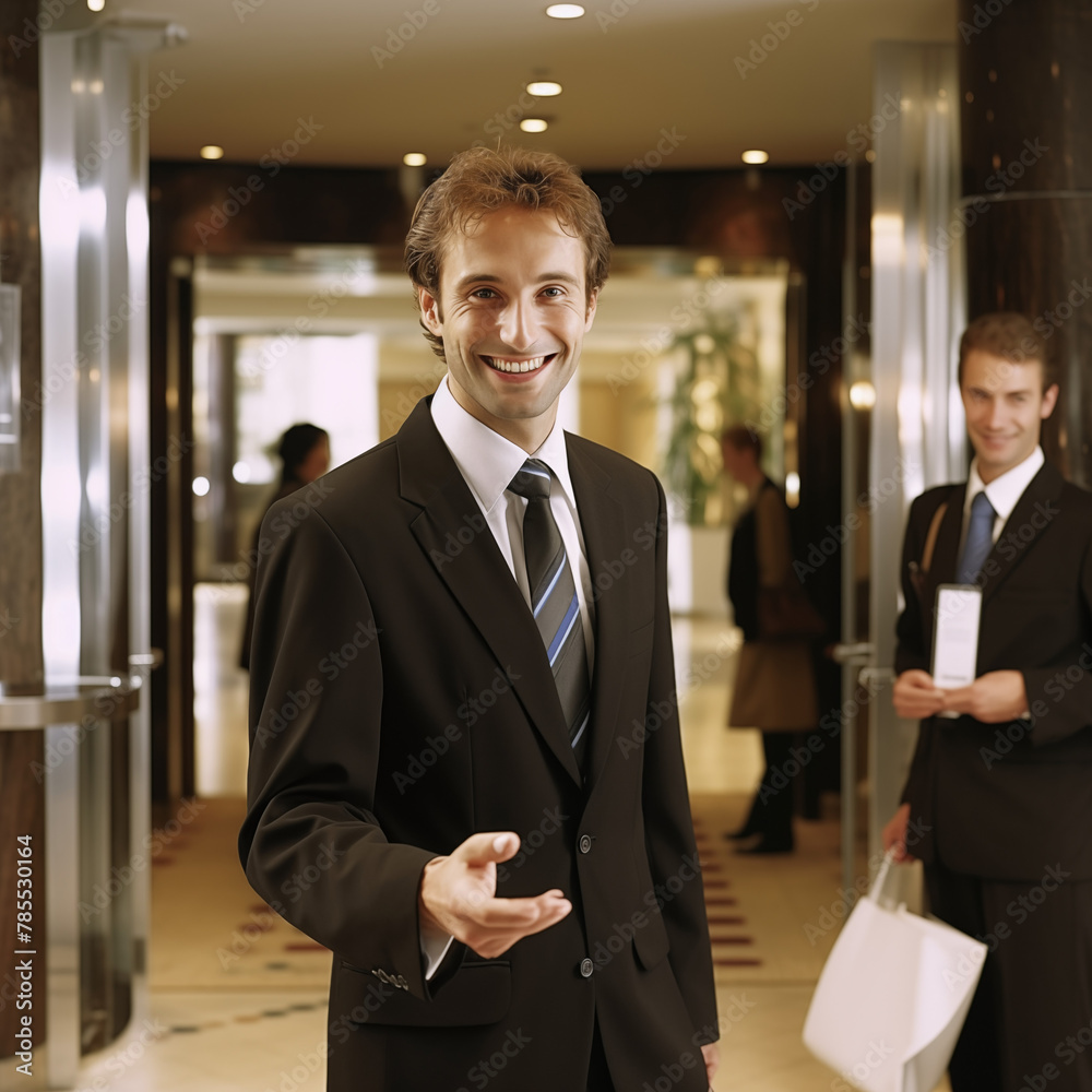 a scene of a hotel manager warmly welcoming guests into a lavish hotel ...