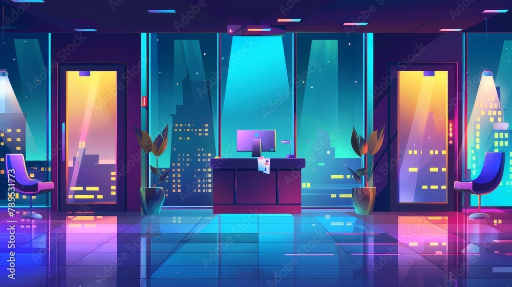 Interior of a company office at night. Cartoon illustration of the hall ...