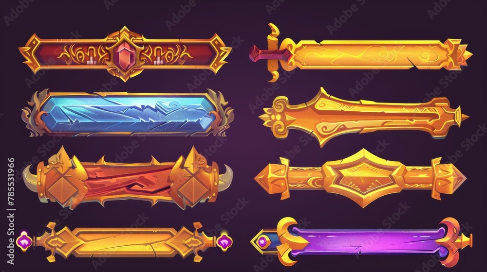 Illustration of a golden fantasy game border UI button frame. Medieval ...