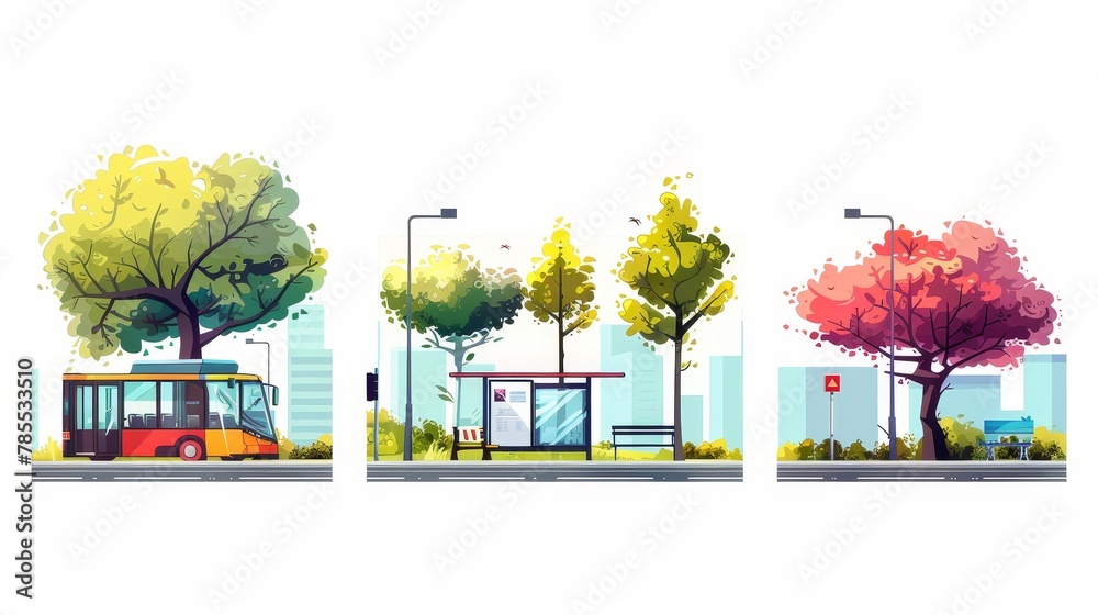 Modern set of bus stations on city streets. Bus station design with ...