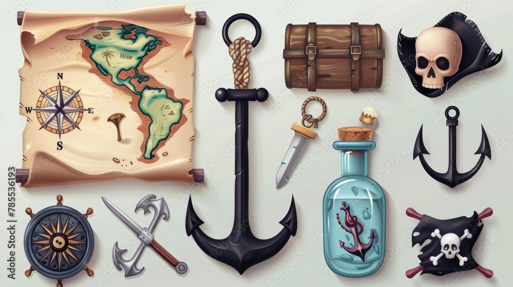 The pirate game interface icon element with the map and the skull ...