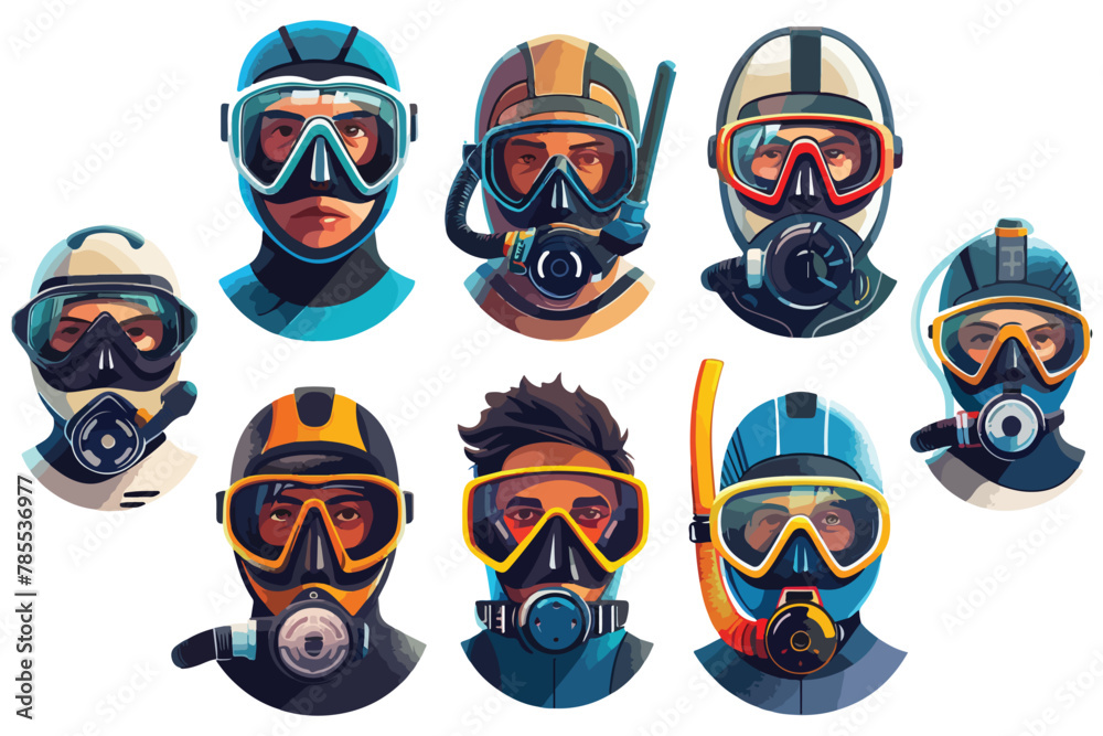 vector collection of various types of 2D diver avatars, plain white ...