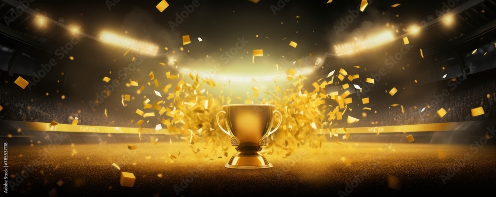 Yellow background, lights and golden confetti on the yellow background ...