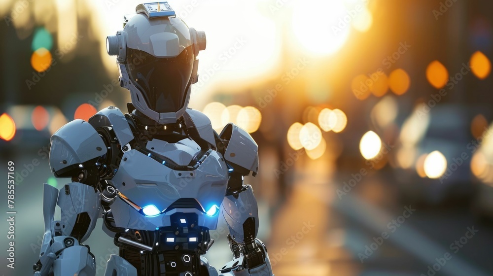 Robotic Police Officer Patrolling Futuristic Urban Streets with Shining ...