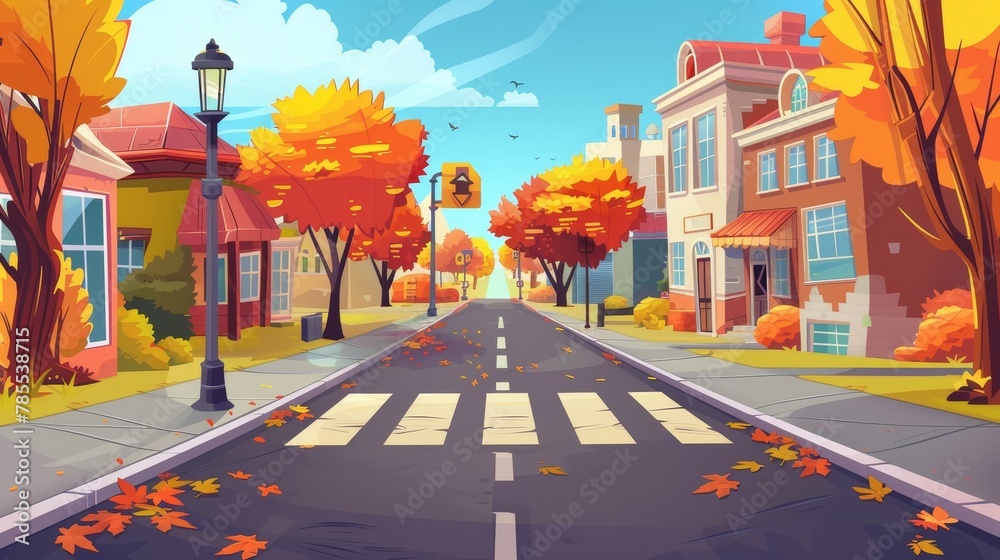 Cartoon autumn street landscape with sidewalk, traffic light and ...
