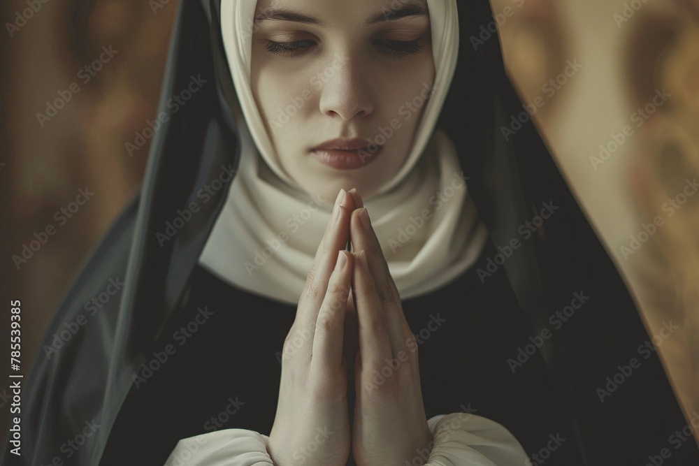 Vintage-style portrait of a nun at rest, her hands folded in prayer, a ...