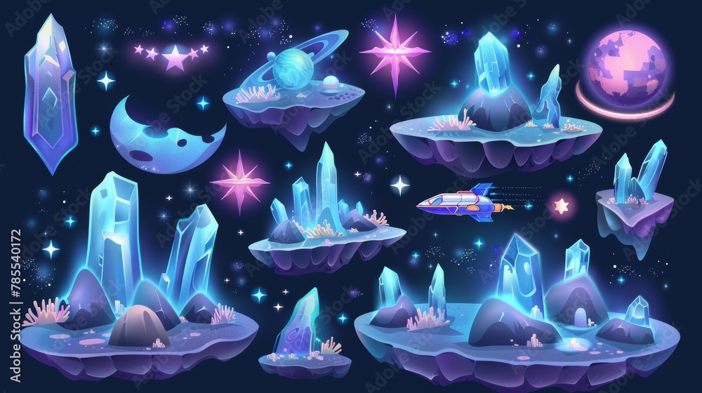 The outer space game level UI creation kit includes cartoon platforms and islands with glowing ...