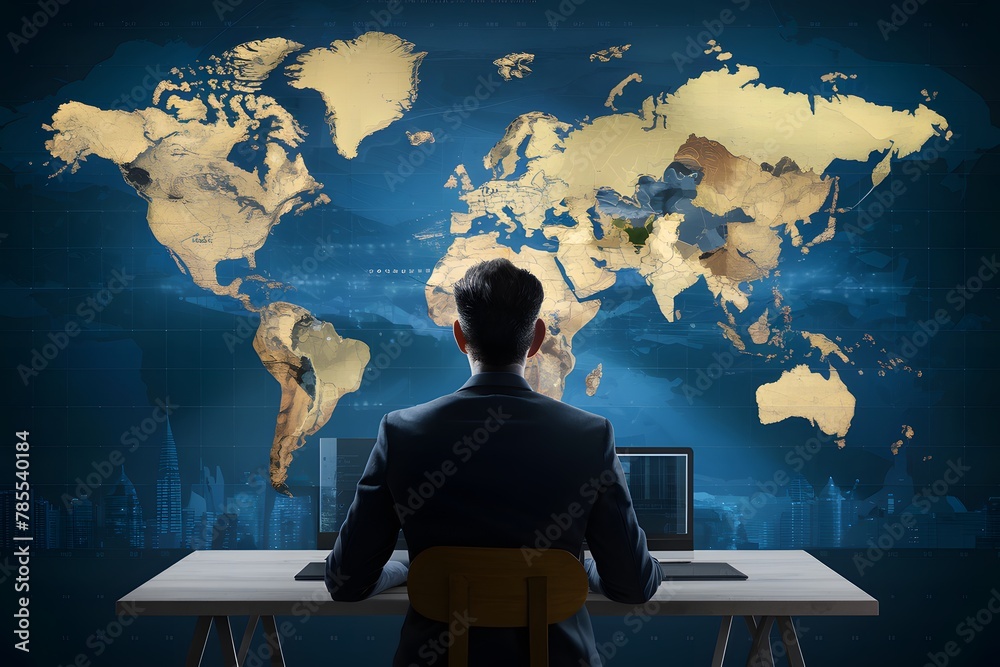 ImageStock Back view of businessman looking at digital world map on ...