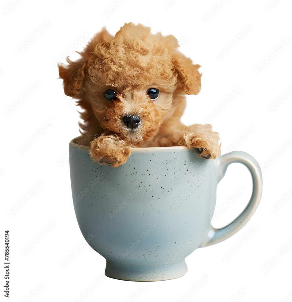 Little cute puppy of Toy Poodle dog in a cup, isolated on transparent ...