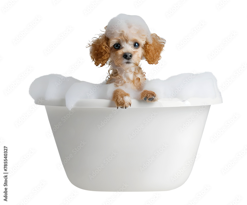 Cute Toy Poodle dog in a bath with foam, isolated on transparent ...