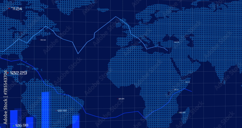 Image of data processing and diagram on world map on the blue ...