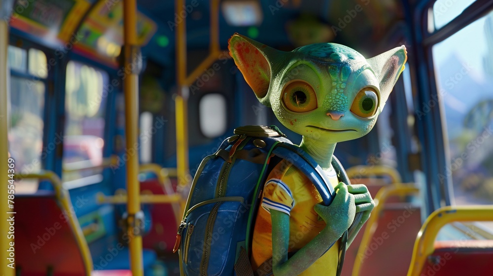 Cinematic moment of a friendly alien eagerly boarding a school bus ...