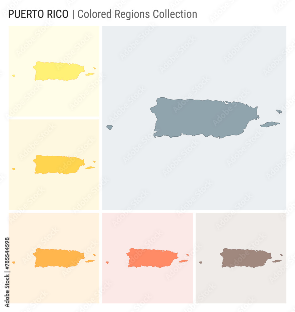 Puerto Rico map collection. Country shape with colored regions. Blue ...