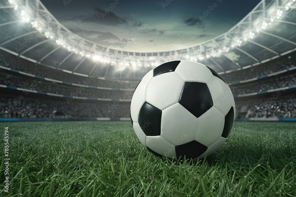 Pic Soccer ball on the field grass green stadium background photo ...