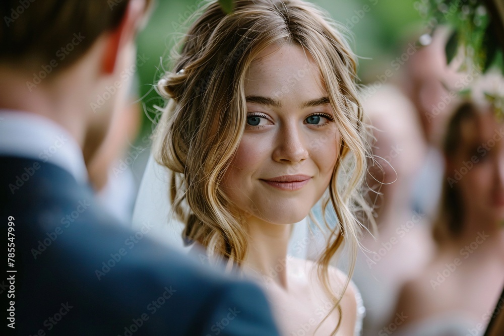 Detailed shot of a young woman's blue eyes glistening with tears of joy ...